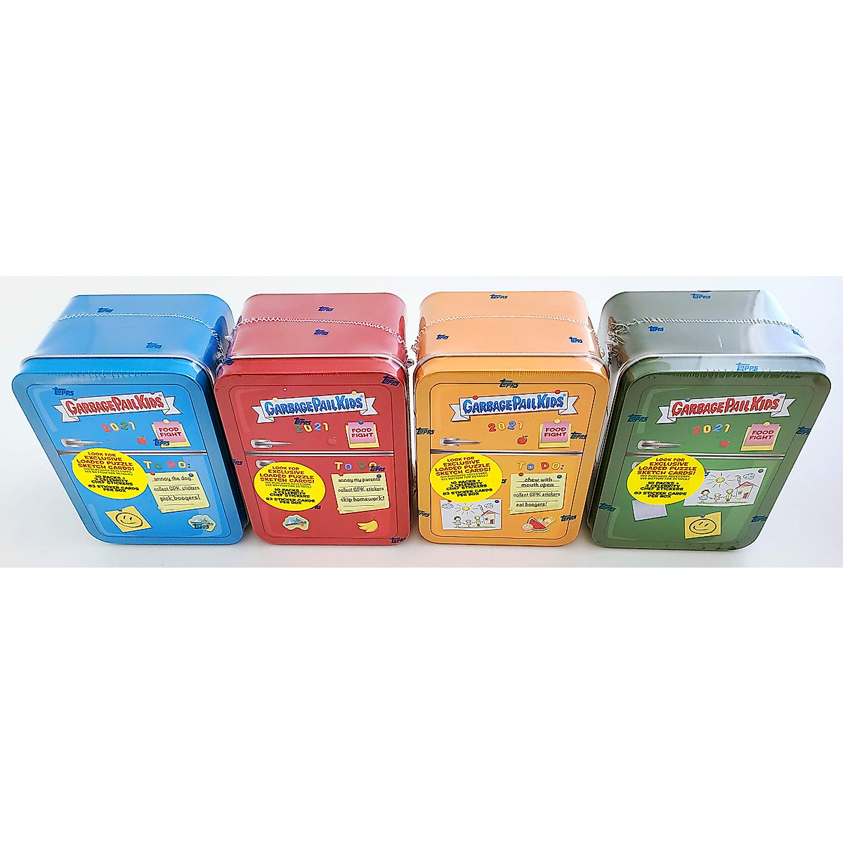 Garbage Pail Kids Topps Food Fight Blue, Green, Red & Orange Set of 4 Trading Card Collector Tins