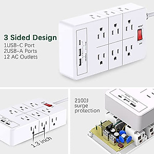 Power Strip with USB C - 12 Widely Outlets with 2 USB Charging Ports+1 USB C Total 3.1 A, 6 ft Long Heavy Duty Extension Cord,Overload Surge Protection, Surge Protector Wall Mount for Home (White)