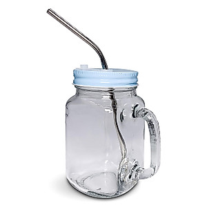 Home Suave 20oz Mason Jar Mugs with Handle Set of 2, Regular Mouth, Light blue Lids with Reusable Stainless Steel Straw, Kitchen GLASS 20 oz Jars