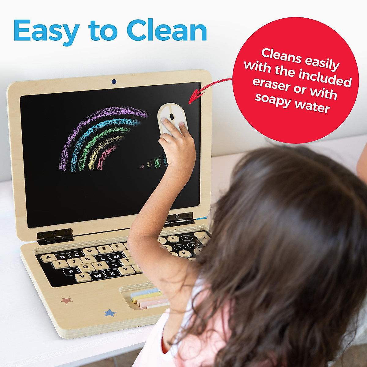 Wooden Computer Pretend Play Set - Pretend Laptop Toy for Kids, Toddlers - Montessori Learning Board for Kids (Ages 2-8) - 41 Magnetic Keys, Chalk Box, Portable Drawing & Writing Board | 11.5 x 8.5