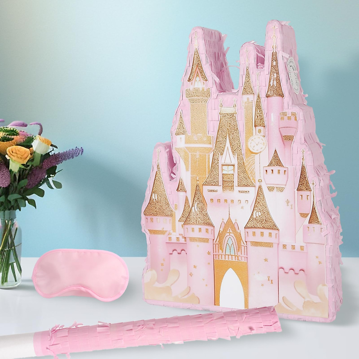 Princess Castle Pinata - Pink Castle Pinata with Blindfold and Bat for Girls Kids Princess Theme Birthday Party Game Decorations (16.7”x11.8”x3”)