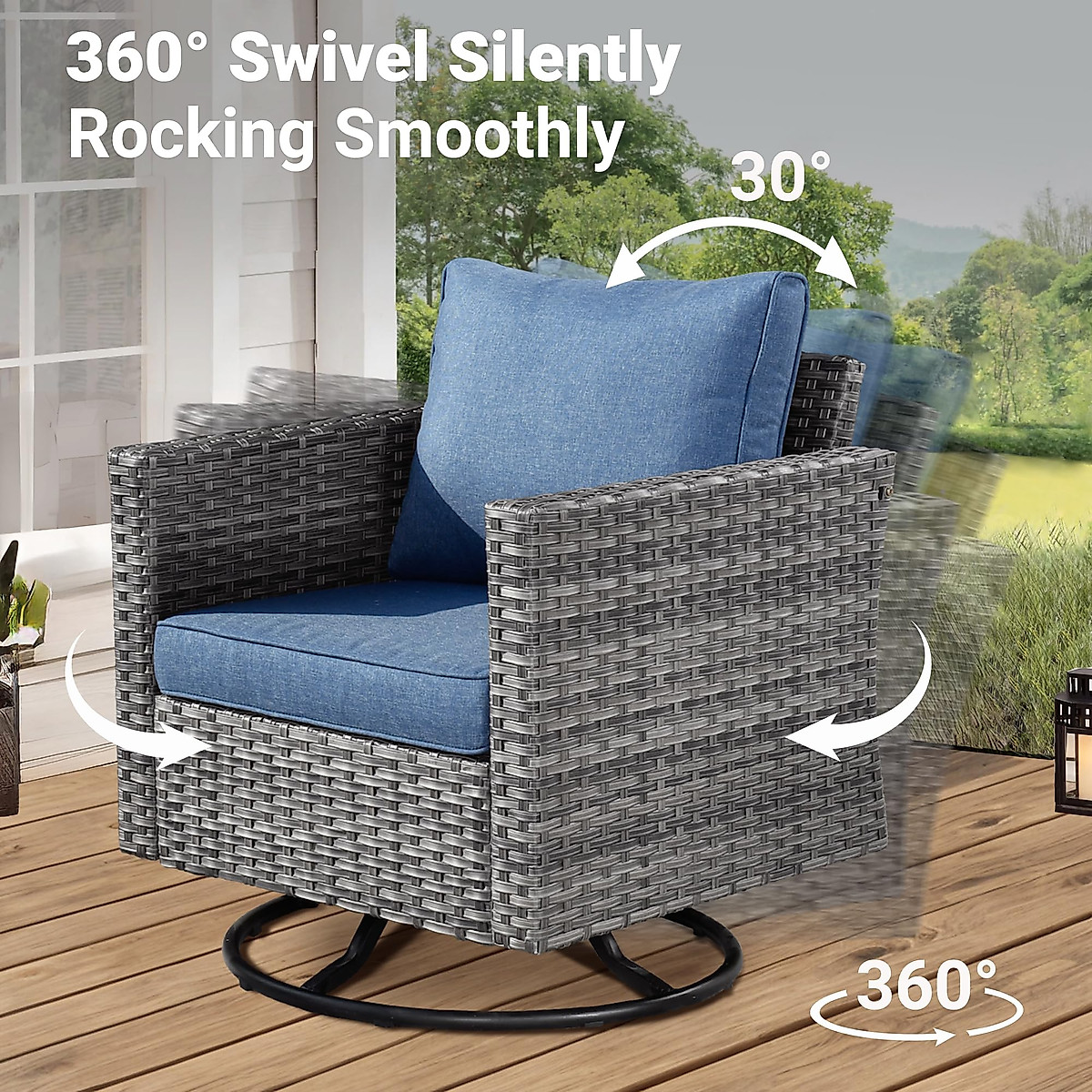 ovios Patio Bistro Set 3 Pieces Rocking Swivel Chairs with Side Table 360 Degree Rotating Outdoor Wicker Rocker Chairs for Yard Deck Porch, Grey Wicker, Denim Blue Cushion