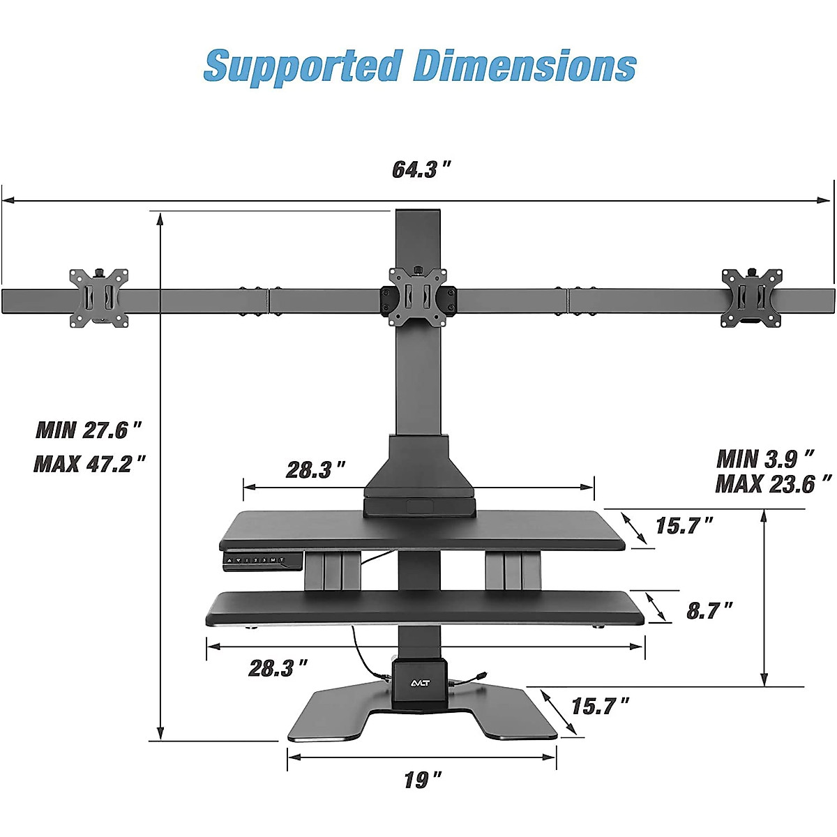 AVLT Triple 32" Monitor Electric Standing Desk Converter with Huge Keyboard Tray Extra Large 28"x 16" Spacious Tabletop Motorized Automatic Height Adjustable Sit to Stand Table Sturdy Small Footprint