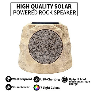 GGII Outdoor Rock Speaker - Solar Bluetooth Speaker, Wireless Bluetooth for Garden Patio Party, Waterproof, Solar Powered with Rechargeable Battery, Bluetooth Speakers with 7 Colors for All Seasons