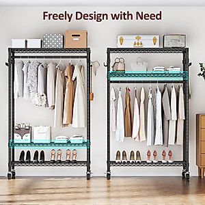 ZERDER Metal Clothing Rack for Closet, Heavy Duty Clothes Rack with 1 Hanging Rods,3 Tiers Shelves and Side Hooks, Freestanding Garment Rack
