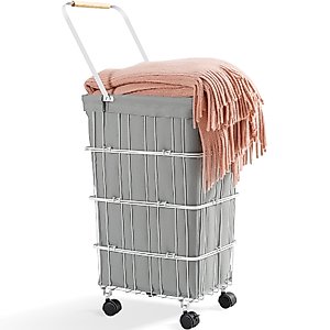 TOOLF Rolling Laundry Hamper, Large Laundry Basket with Handle, Metal Frame Clothes Hamper for Bedrooms, Tall Laundry Bin with Cloth Covers, Grey