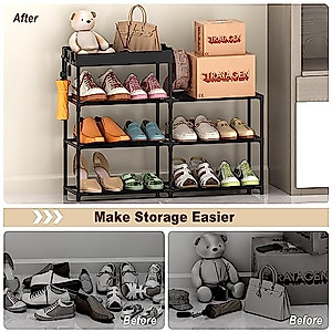 Vaasee 4 Tiers Shoe Rack Storage Organizer with Basket and 4 Hooks, Metal Free Standing Non-Woven Fabric Shoe Shelf, Narrow 6-12 Pairs Stackable Shoe Stand for Closet Entryway Bedroom Garage (Black)