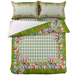 California King 4 Piece Bedding Set Spring Green Grassland Lattice Bunny Ear Easter Egg,Soft Breathable Duvet Cover and Pillowcase,Pastoral Rabbit Plant Washable Bed Sheets for Dormitory Guest Room