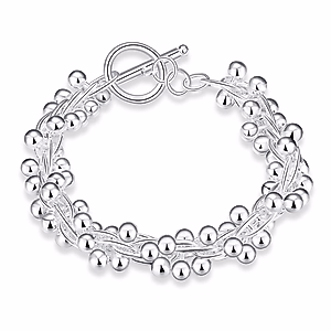 NABTYJC Fashion Sterling Silver Ball Bead Chain Bracelet -Handmade Link Chain Bracelet For Women Mom Wife Valentine Mothers day Gift, Toggle Button 8"