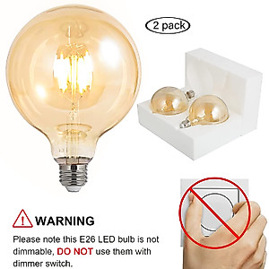 LED Bulbs 60 Watt Equivalent, 2 Pack 6W G125 LED Globe Bulbs, Antique Vintage Light Bulbs Amber, E26 LED Edison Light Bulb, 2700K 800LM Warm White, E26 Standard Base, Non-Dimmable