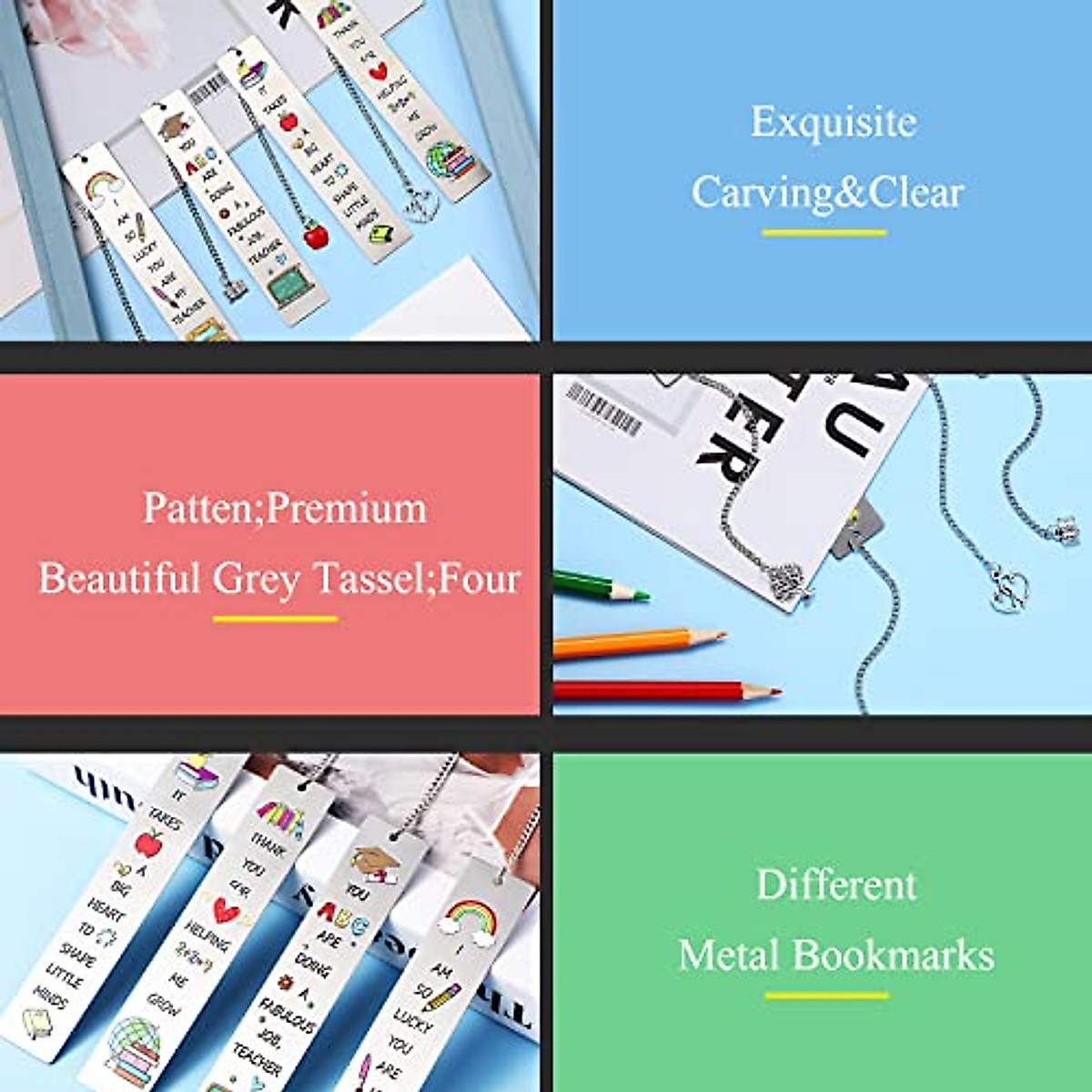 4 Pcs Teacher Appreciation Bookmark with Pendant Thank You Teacher Metal Vintage Bookmarks Teacher Gifts from Students for Birthday Retirement Graduation End of The Year Gift School Office Supplies