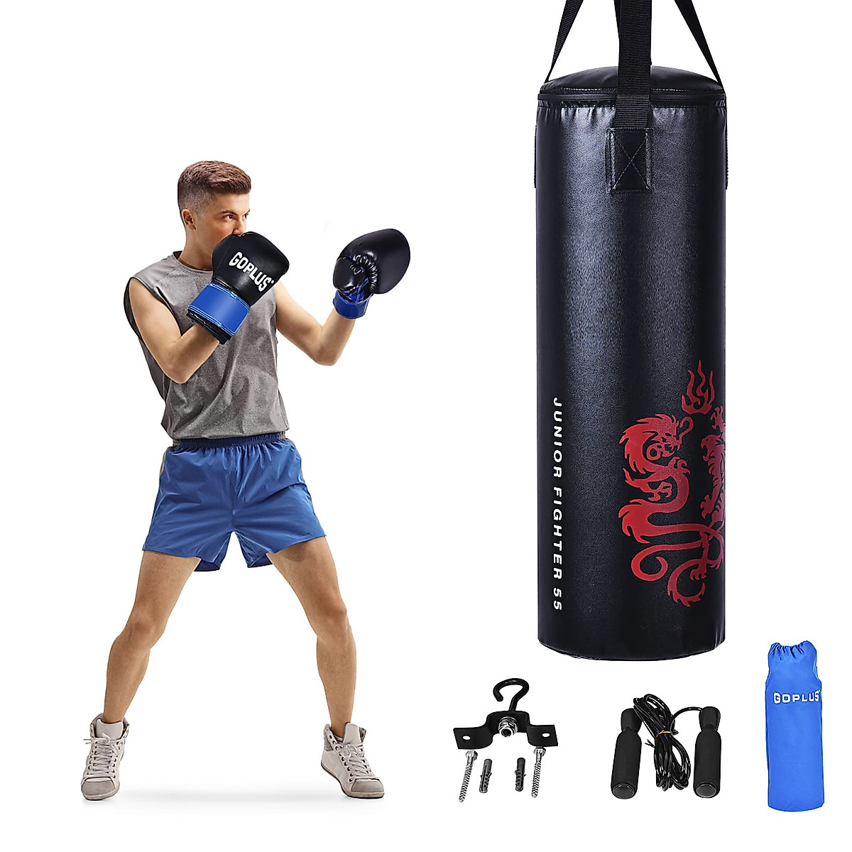 Goplus Punching Bag Set with Gloves, 22LBS/ 40LBS Filled Kick Boxing Bag, Rucksack, Jump Rope, Firm Hook, Heavy Bag for Kids Youth Adults MMA Training, Muay Thai, Krav MAGA, Taekwondo, Karate