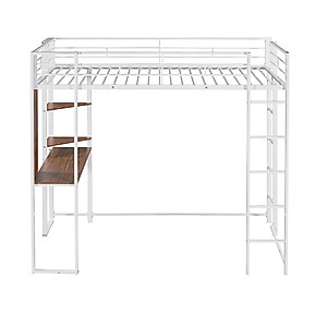 Merax Twin Size Metal Loft Bed with Built-in Desk, 2 MDF Shelves, Full-Length Guardrail and Ladder, Twin Size High Loft Bed, White