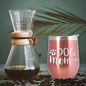 Dogs Lovers Mother's Day Gift for her - Dog Mom 12 oz Stainless Steel Wine Tumbler/Coffee Cup/Mug/Glass | Funny Sayings Gift Idea for Woman,Sisters,BFF,Wife,Coworker (12 oz, Dog Mom - Rose Gold)