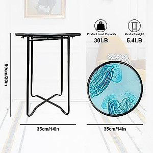 LIFFY Outdoor Side Table, 14" Weather Resistant Metal & Glass Patio Accent Side Table, Indoor Home Decorative End Table, Plant Stands Table Outside, for Yard Balcon Garden Bedside (Blue Jellyfish)
