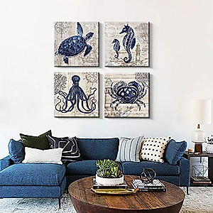Bathroom Decor 4 Panel Canvas Wall Art - Ocean Theme Canvas Prints Sea Animal Octopus Crab Seaturtle Seahorse Decor Pictures Livingroom Posters - 12 x 12 x 4 pcs (12" x 12" x 4pcs)