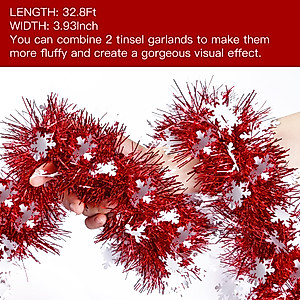 Sggvecsy 32.8Ft Christmas Snowflake Tinsel Garland Xmas Tree Decorations Red Christmas Metallic Twist Garland Ceiling Hanging Decorations for New Year Party Birthday Holiday Indoor Outdoor Supplies