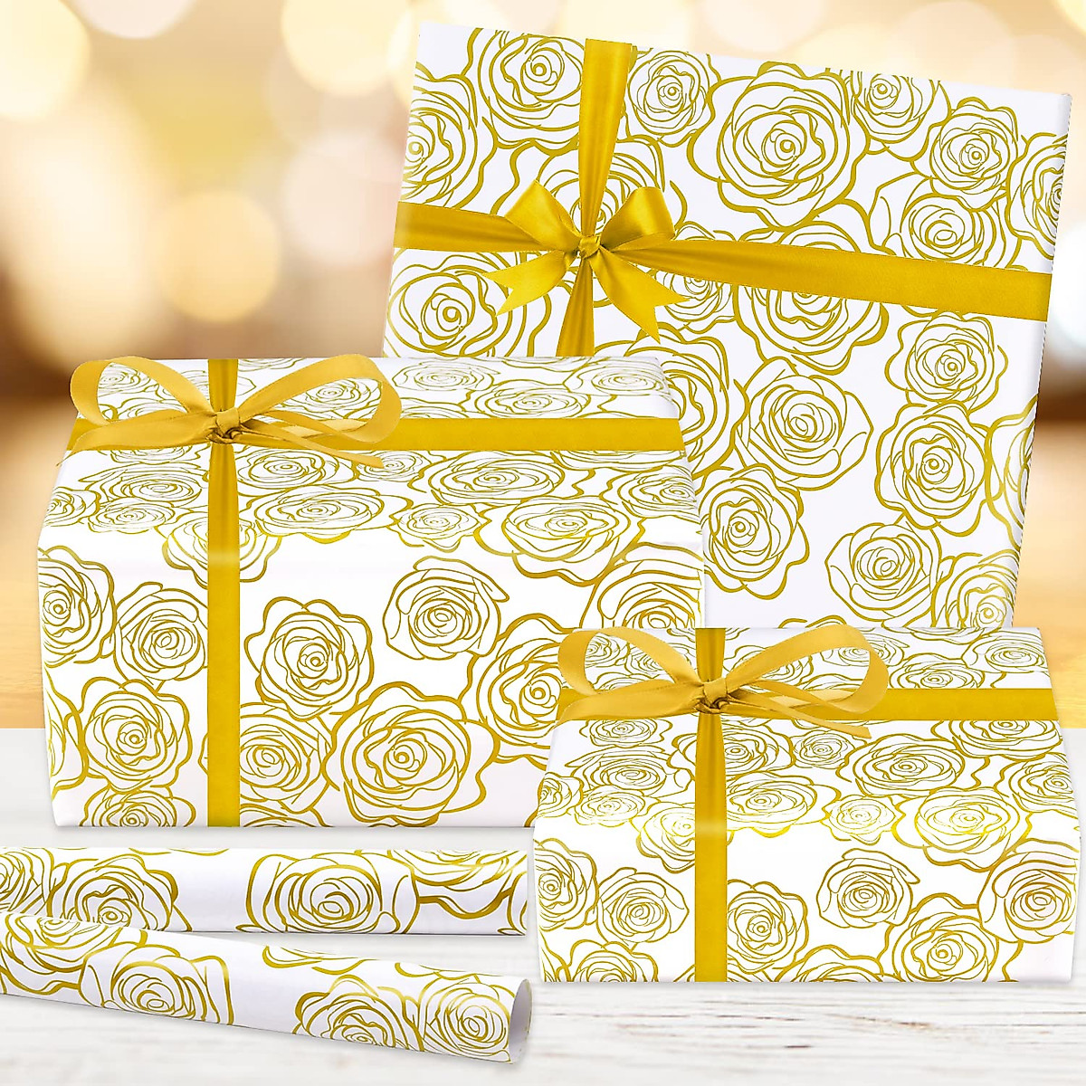 Wedding Wrapping Paper, 7 Sheets Golden Rose Pattern in White Art Paper with 1 Roll Gold Ribbon, 20 x 28 inch Per Sheet Folded Flat Gift Wrap for Weddings, Birthday, Baby Showers, Bridal Showers