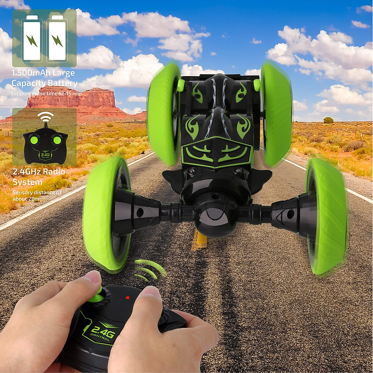 PP PICADOR RC Stunt Car for Kids, 360°Flips Double Sided Durable RC Crawler Toy Gift, 2.4 GHZ Remote Control with USB Cable and Battery