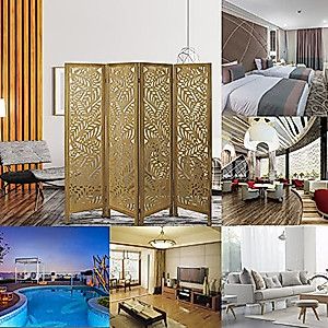 Acendside 4 Panel Room Divider, Room Dividers and Folding Privacy Screens, Decorative Wood Room Divider Wall with Leaves Cutout Design for Bedroom Home Office (Gold)