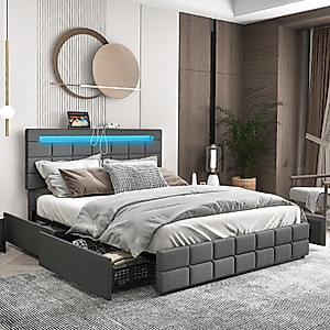 KOMFOTT Queen Bed Frame with Charging Station & LED Lights, Upholstered Platform Bed Frame with Adjustable Headboard & 4 Storage Drawers, Solid Wooden Slats Support, No Box Spring Needed, Noise Free