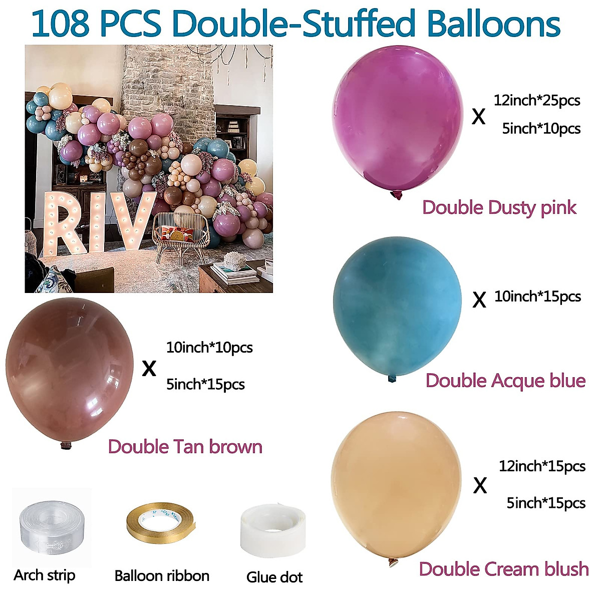 Dusty Pink Blush Balloon Garland Arch Kit,Double-Stuffed Dusty Pink Nude Coffee Blue Balloons for Birthday Bridal Baby Shower Wedding Party Decorations