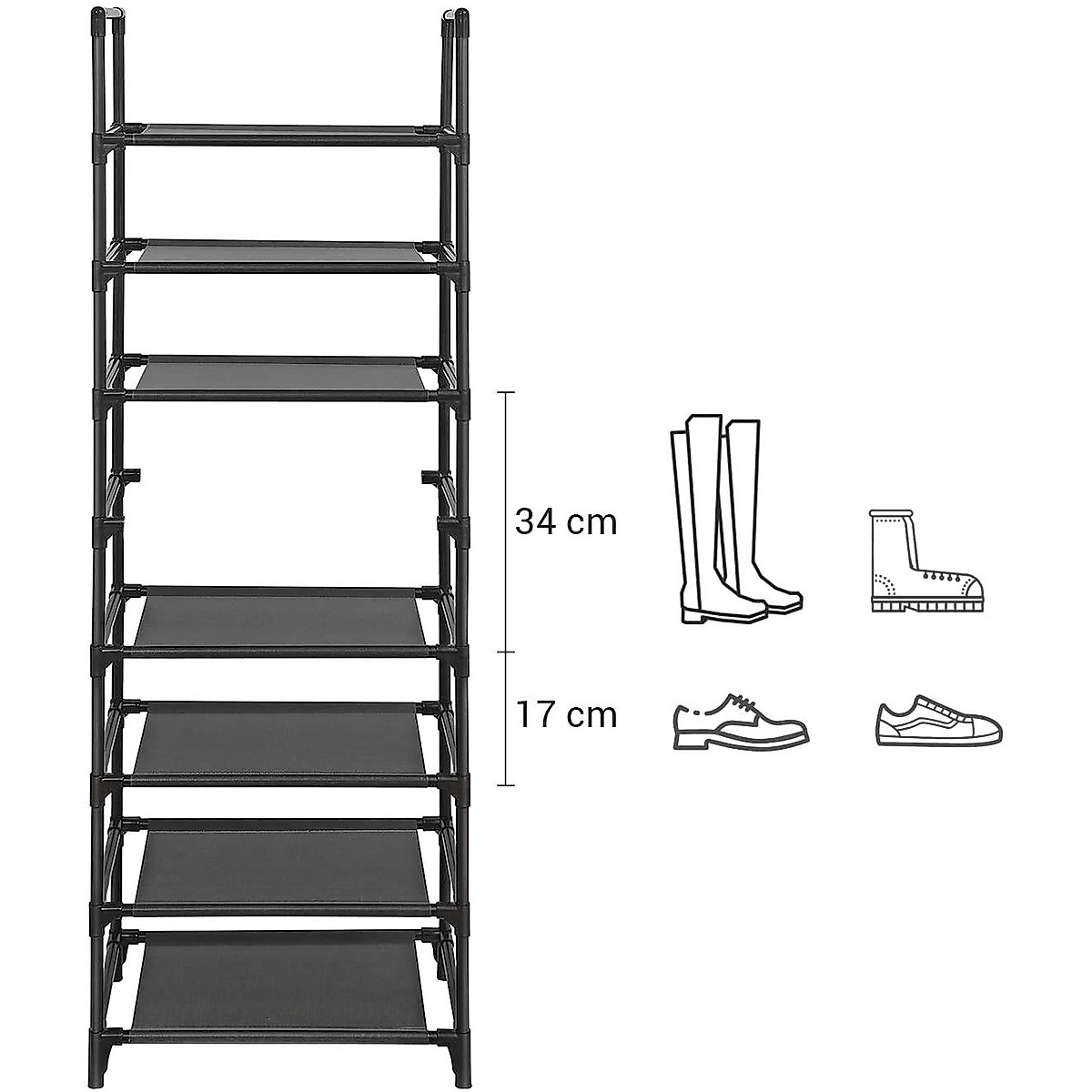 UrMsun 8 Tiers Shoe Rack 16-20 Pairs Sturdy Shoe Shelf Non-Woven Fabric Shoe Tower Organizer Cabinet Black Tall Narrow Shoe Rack