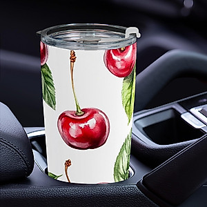 QWEUIOP 20oz Insulated Travel Coffee Mug Cherry Green Leaf Pattern Stainless Steel Tumbler with Lid Double Wall Vacuum Coffee Cup For Hot and Cold Drinks14116