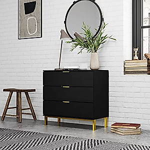 DiDuGo Black and Gold Nightstands Set of 2 Bedside Table 3 Drawer Dresser, Large Nightstand with Gold Metal Legs for Bedroom (31.5”w x 15.7”D x 29.7”H)