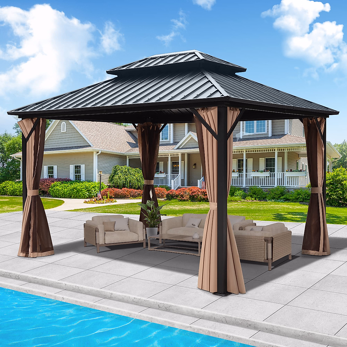 QZEN 10' x 12' Hardtop Gazebo with Netting and Curtains, Double Roof Permanent Metal Gazebo, Aluminum Frame Patio Gazebo for Backyard, Garden, Lawn and Deck