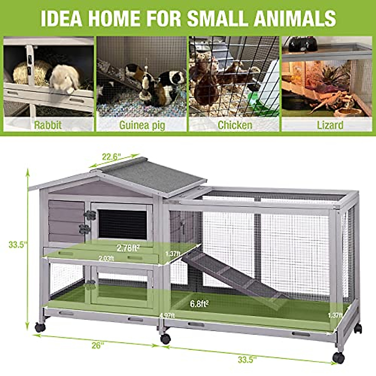 Outdoor Rabbit Hutch Indoor Bunny House on Wheels Large Guinea Pig Cage with Run for Any Small Animals,Removable Pull Out Tray…