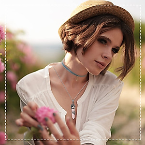 12 Pcs Healing Crystal Necklace Hexagonal Healing Crystal Flower Wrapped Crystal Point Pendant Necklace Healing Pendents Natural Quartz Point Necklace with Chain for Women (Bronze Flower Silver Chain)