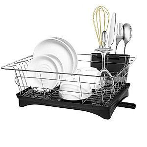 DOUBLE 2 C Dish Drying Rack, Stainless Steel Dish Drainer for Kitchen, Small Dish Drainer Rack for Kitchen Counter, Set of Rustproof Dish Rack and Drainboard (Black)