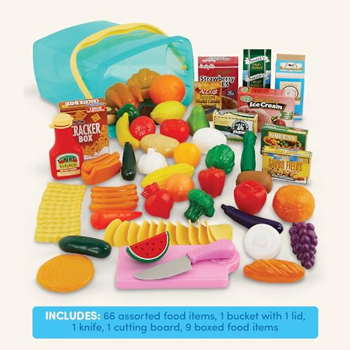 Battat- Play Circle- Play Food – Kitchen Toys – Grocery Store- Pretend Play- Pantry In A Bucket- 3 years + (79 Pcs)