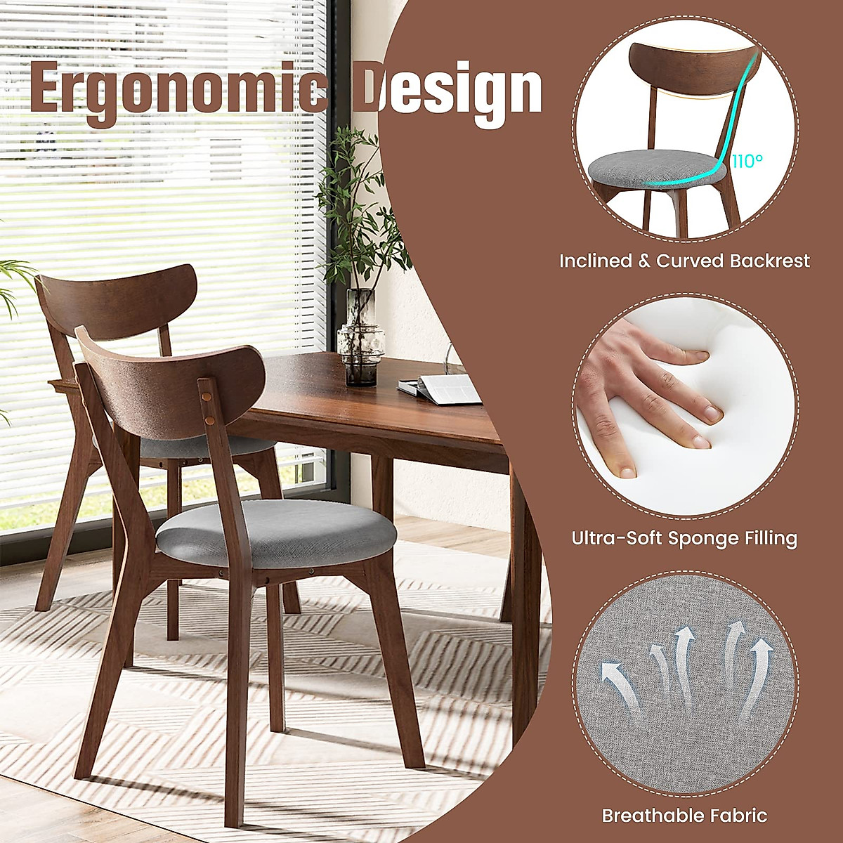 COSTWAY Dining Chairs Set of 2, Mid-Century Modern Kitchen & Dining Chairs with Curved Back and Cushioned Seat, Walnut Finished Wood Living Room Side Chairs for Kitchen, Dining Room, Bistro