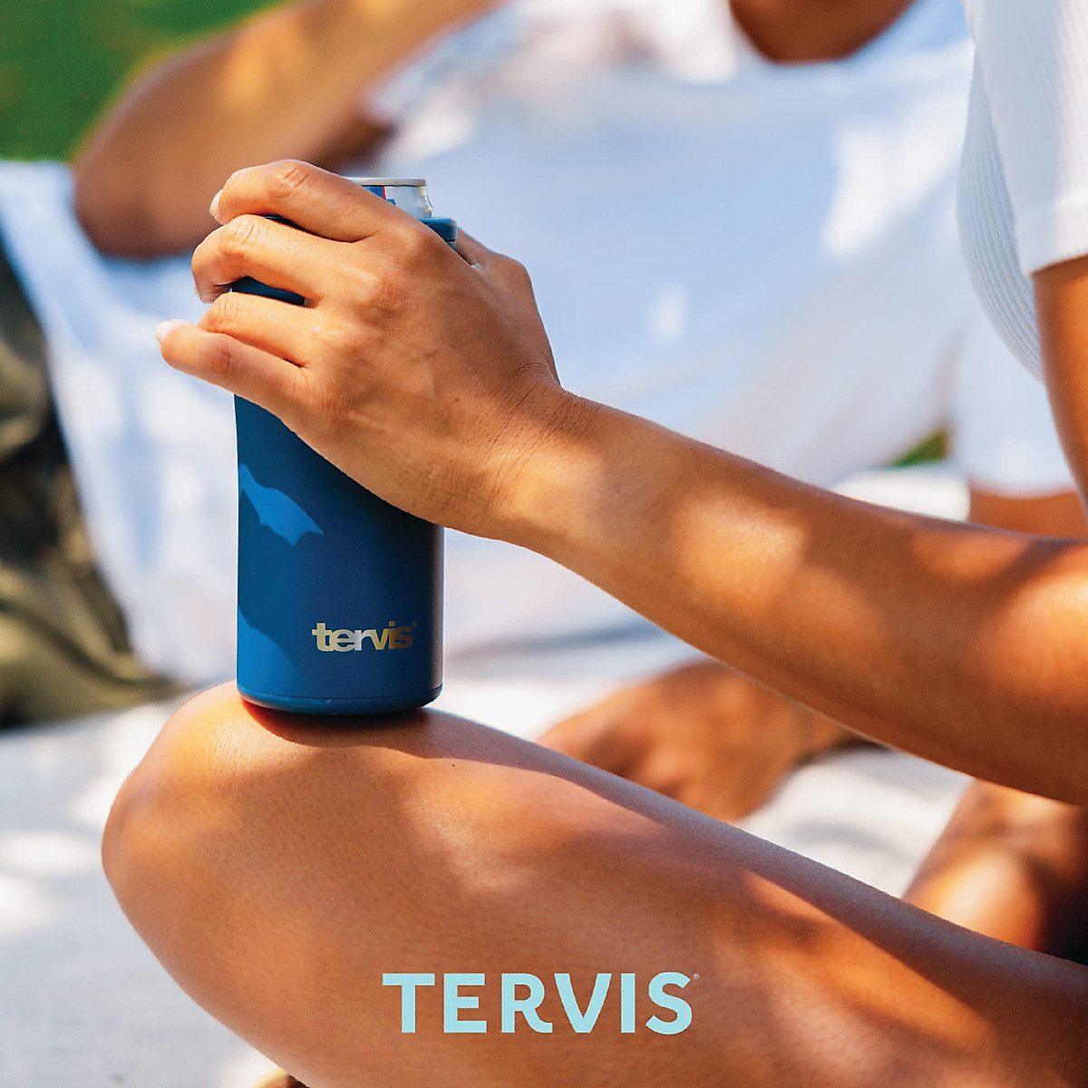 Tervis Deepwater Blue Powder Coated Triple Walled Insulated Tumbler Cup Keeps Drinks Cold & Hot, 12oz Slim Can Cooler, Deepwater Blue