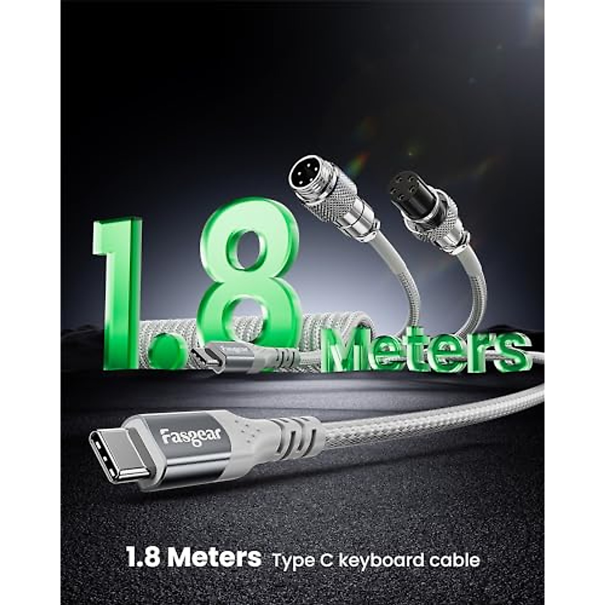 Fasgear Coiled USB C Keyboard Cable, 1.8m Type C to Type C Keyboard Cable with Metal Aviation Connector, 60W Fast Charging, Designed for USB-C Mechanical/Custom/DIY/Gaming Keyboard(Grey)