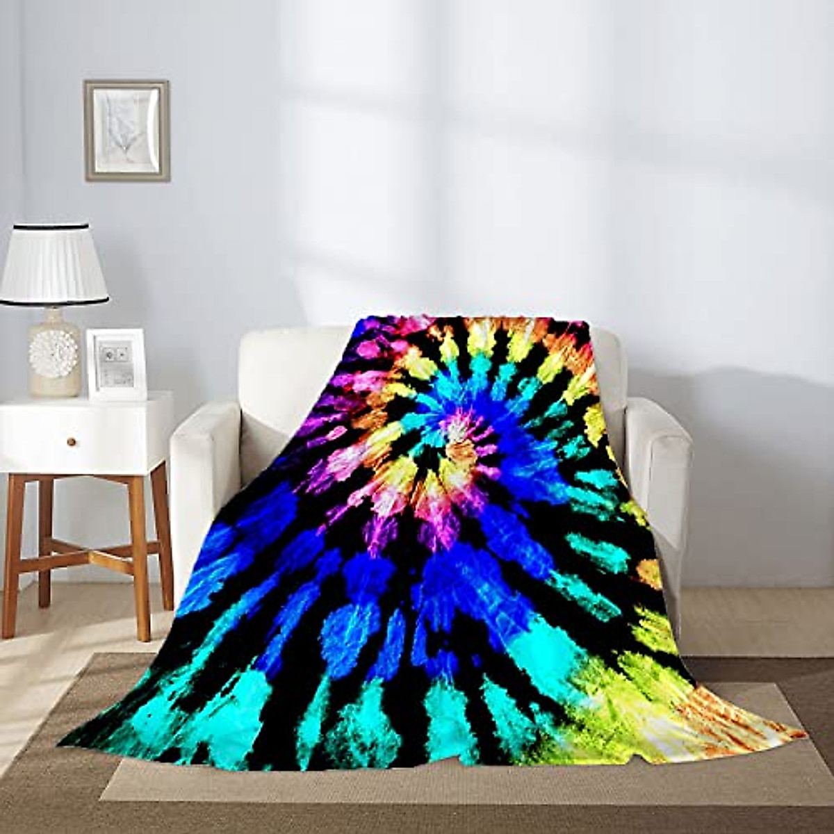 Boho Tie Dye Blanket 60" x 80" Hippie Rainbow Mandala Spiral Rainbow Super Soft Bedding Fleece Throw Blanket Luxury Bed Blanket Sofa Living Room Bedroom Warm Lightweight for Kid Baby Adults