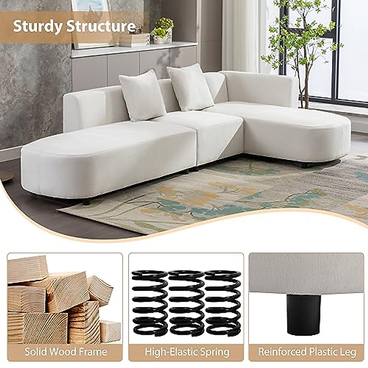 Tmsan 110.2" Sectional Sofa Couch for Living Room, Modern Chenille Upholstered Sofa L Shaped 4 Seater Modular Sectional Couch with Chaise & 2 Pillows for Bedroom Office Apartment (Beige)