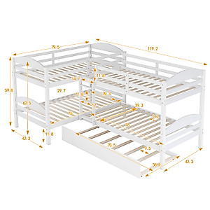 Bellemave Quad Bunk Bed with Trundle L-Shape Bunk Bed Twin Over Twin Corner Bunk Bed for 4 or 5 Kids Boys Girls Teens, White