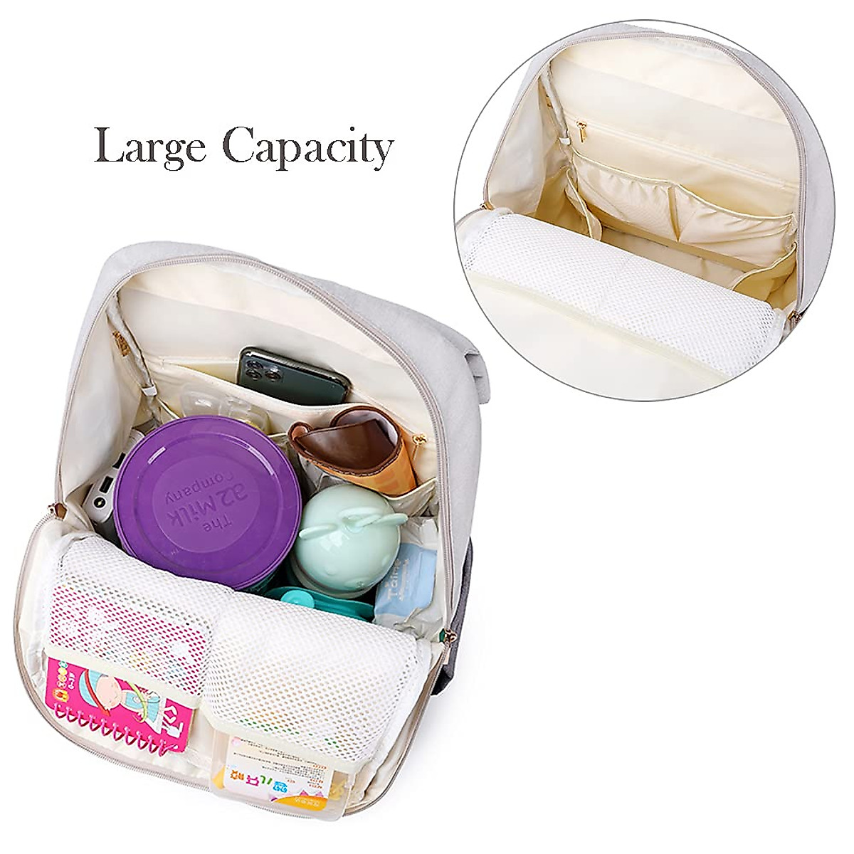 OUSIJOJO Diaper Bag Backpack, Modern Diaper Bag with USB Charging Port and Stroller Straps Baby Bags for Boys Girls, Large Capacity Multifunction Travel Nappy Back Pack for Moms Dads,Beige