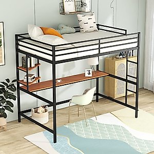 GLORHOME Full Size Metal Loft Bed with Desk, Modern Style and Safety Features for Kids and Teens, Turn Any Space into a Workstation or Lounge Area,Black