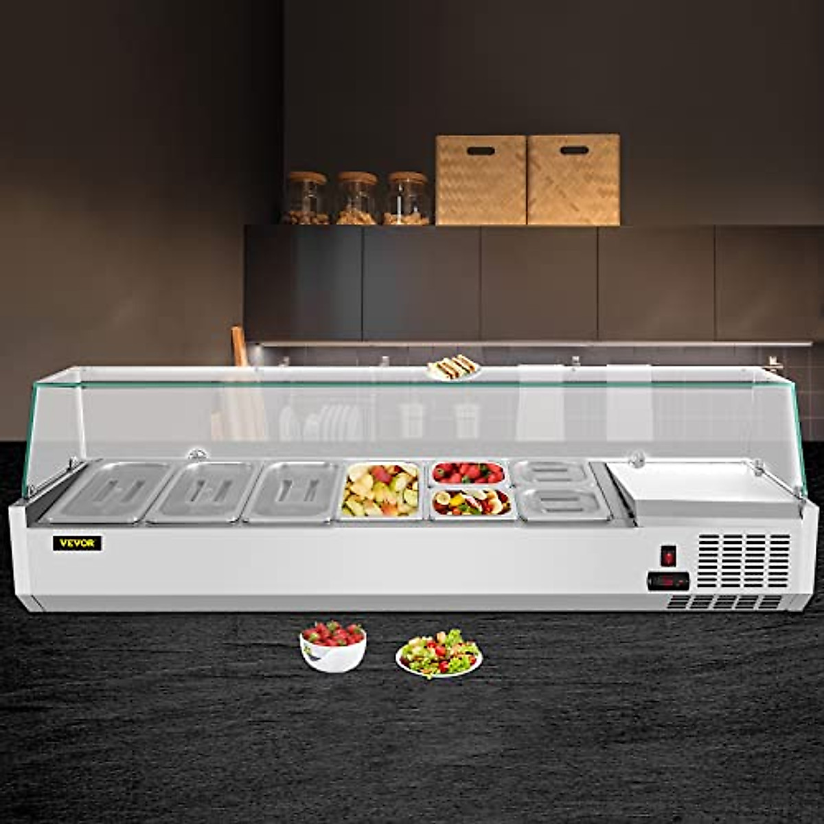 VEVOR Refrigerated Condiment Prep Station, 60-Inch, 16.8Qt Sandwich Prep Table w/ 4 1/3 Pans & 4 1/6 Pans, 146W Salad Bar w/ 304 Stainless Body Tempered Glass Shield Digital Temp Display Auto Defrost