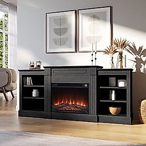 Della Electric Faux Fireplace TV Stand Heater, Entertainment Center with Built-In Bookshelves and Cabinets, Remote Control and Enhanced Log Display - Gray