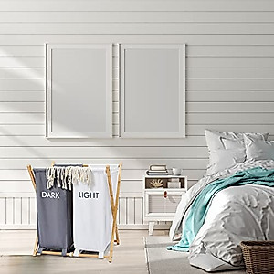 Homhope Large Double Laundry Basket Sorter with Hidden Handles, Foldable Bamboo X-Frame Dual Laundry Hamper, Dirty Clothes Basket with 2 Sections, Divided Laundry Organizer, Removable Waterproof Bag