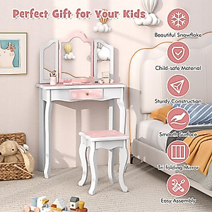 Costzon Kids Vanity, Girls Vanity Set with Mirror and Stool, Children Makeup Dressing Table with Drawer, Pretend Play Kids Vanity Table and Chair Set (Pink Snowflake Print)