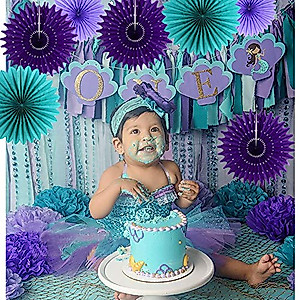 7Pcs Teal Purple Lavender Hanging Paper Fans Mermaid Birthday Under The Sea Party Little Girl Baby Shower Decorations (Purple Teal)