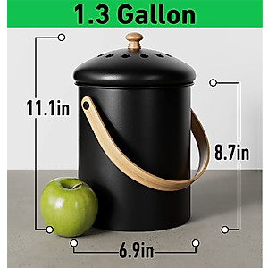 Compost Bin Kitchen Counter - 1.3 Gallon Black Stainless Steel Kitchen Compost Bin with Wood Handles & Charcoal Filters x3 Sets - Countertop Compost Bin with Lid - Large Kitchen Compost Bin Countertop