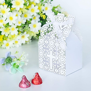 JOLALIA Baptism Cross Favor Boxes 50pcs,Laser Cut Candy Gift Box With Ribbons for Baptism, Christening Party, First Communion Baby Shower Wedding Party Bomboniere Decoration (2.9" x2.36" x3.14")