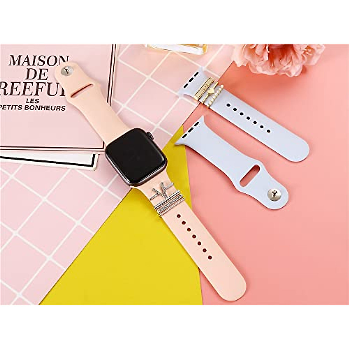 5Pcs Charms for Apple Watch band 41mm 45mm 40mm 44mm 38mm 42mm Women,Diamond+Metal Jewelry Decorative Ring Loops For iWatch series 8 7 6 5 4 3 2 se,Galaxy watch 5/4,Silicone strap Charm Accessories